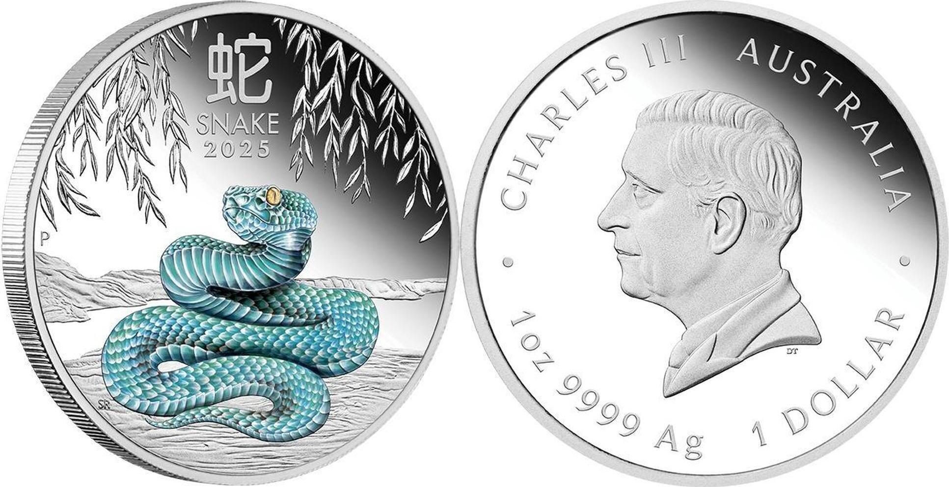 1 Dollar SNAKE Lunar Year Series III Colored 1 Oz Silver Coin 1$ Australia 2025 Proof | MA-Shops