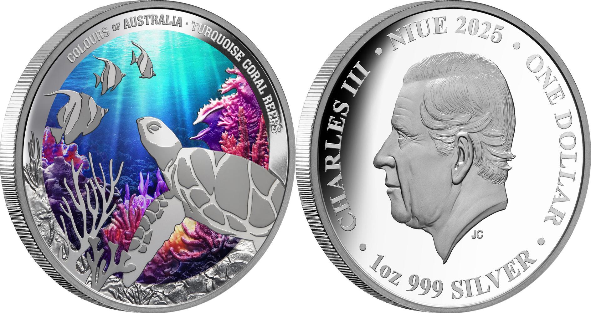 1 Dollar TURQUOISE CORAL REEF Colours of Australia 1 Oz Silver Coin 1 ...