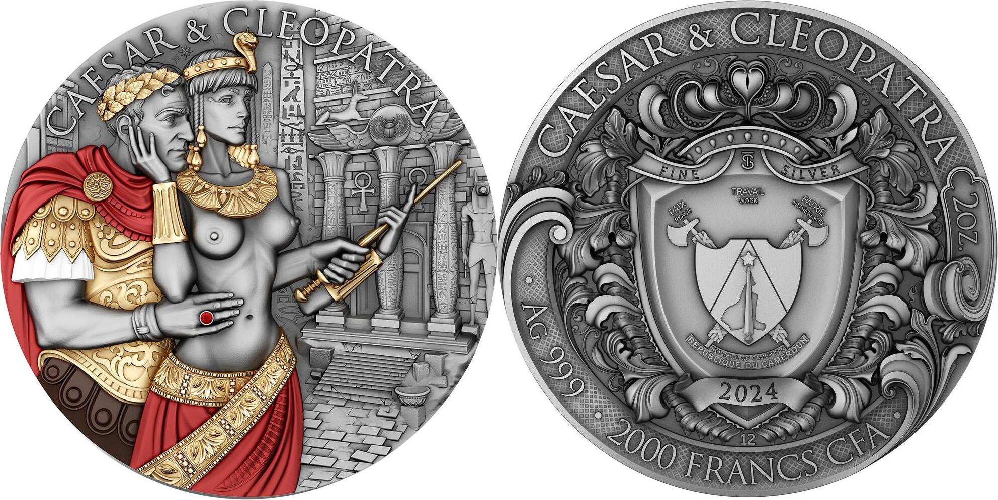 CAESAR AND CLEOPATRA The Power of Love 2 Oz Silver Coin 2000 Francs ...