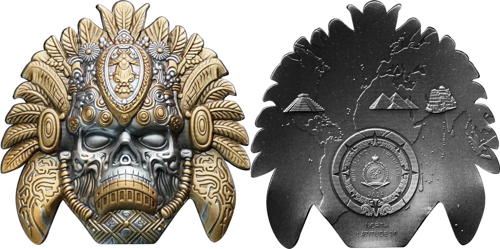 2 Dollars MAYA MASK 2 Oz Silver Coin 2$ Niue 2024 Antique Finish | MA-Shops