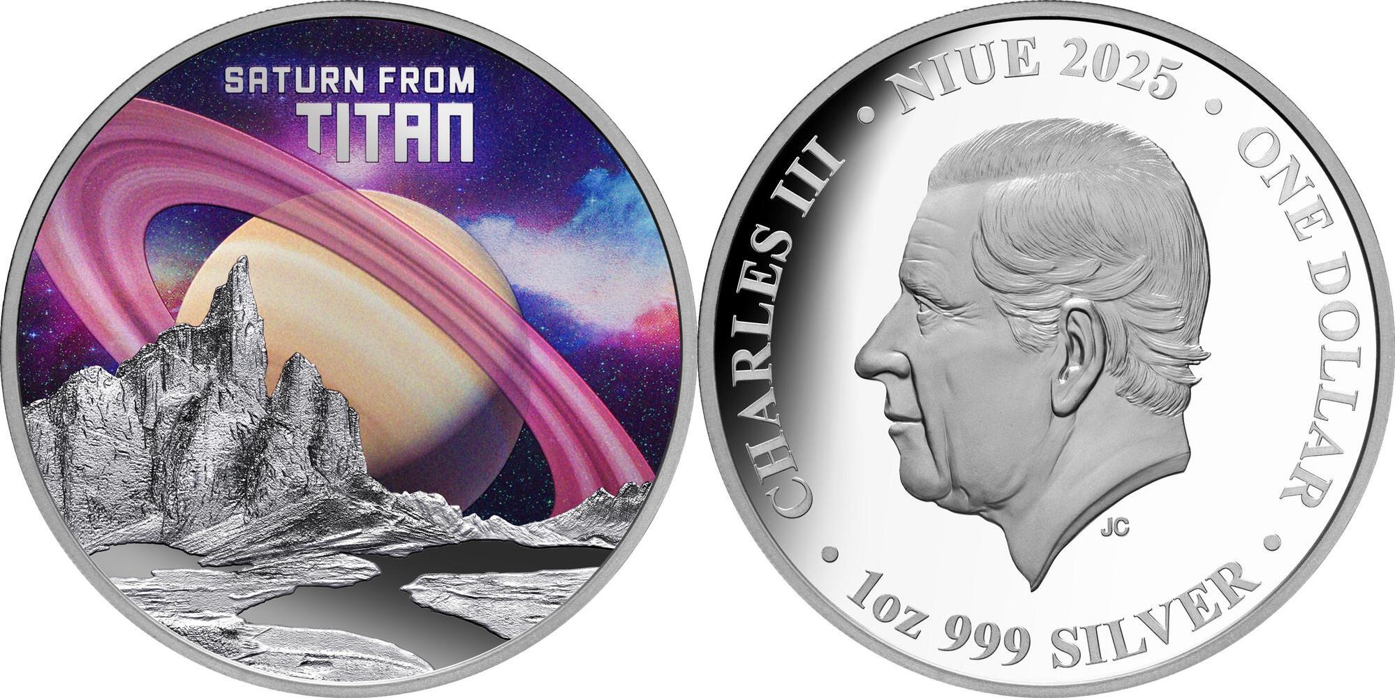 1 Dollar SATURN FROM TITAN Space 1 Oz Silver Coin 1$ Niue 2025 Proof ...