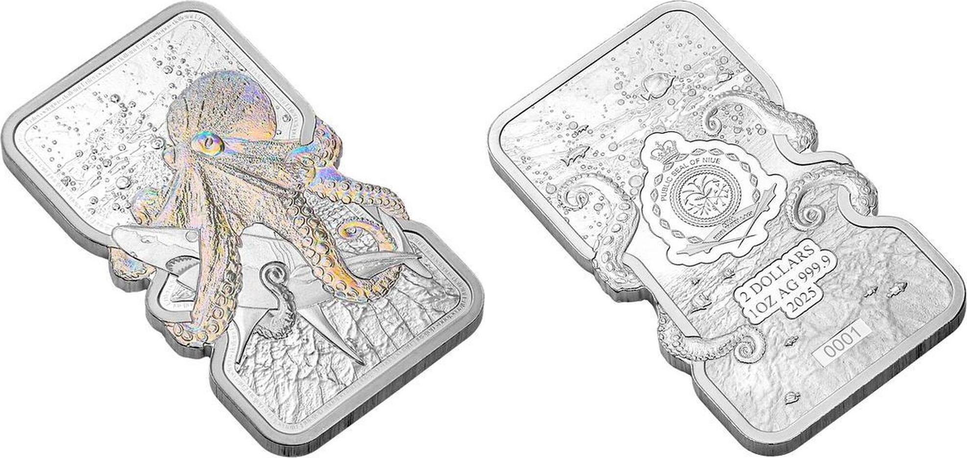 2 Dollars GIANT PACIFIC OCTOPUS Nature Grip 1 Oz Silver Coin 2$ Niue ...