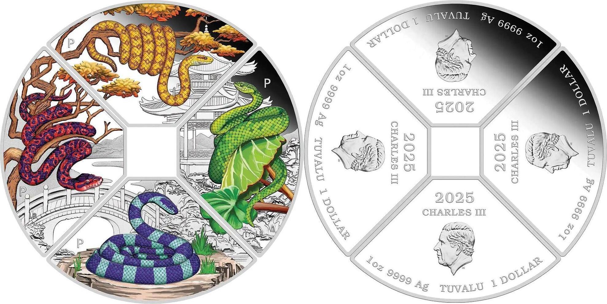 1 Dollar SNAKE Lunar Year Quadrant Set 4x1 Oz Silver Coins 1$ Tuvalu ...