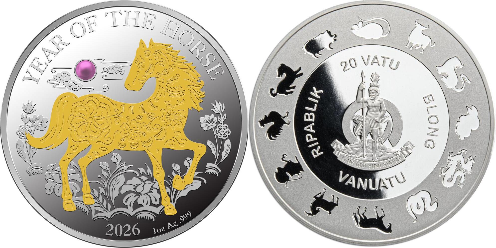 HORSE Freshwater Pearl Chinese Lunar Year 1 Oz Silver Coin 20 Vatu ...