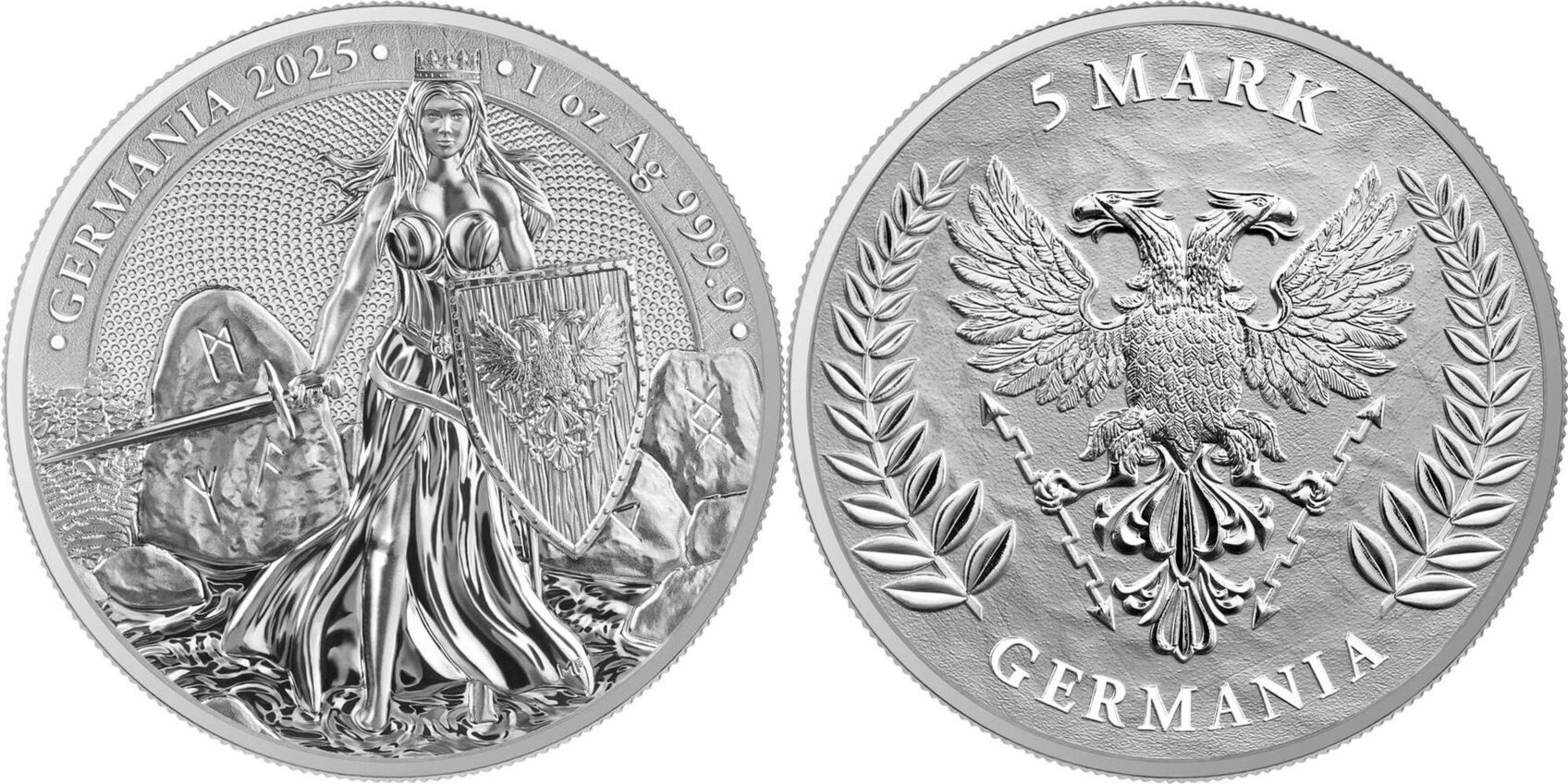 Germany GERMANIA 1 Oz Silver Coin 5 Mark Germania 2025 BU - Brilliant ...