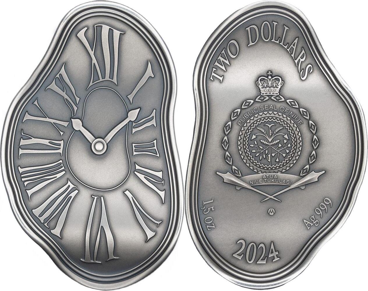 2 Dollars MELTING CLOCK Salvador Dali Silver Coin 2$ Niue 2024 Antique ...