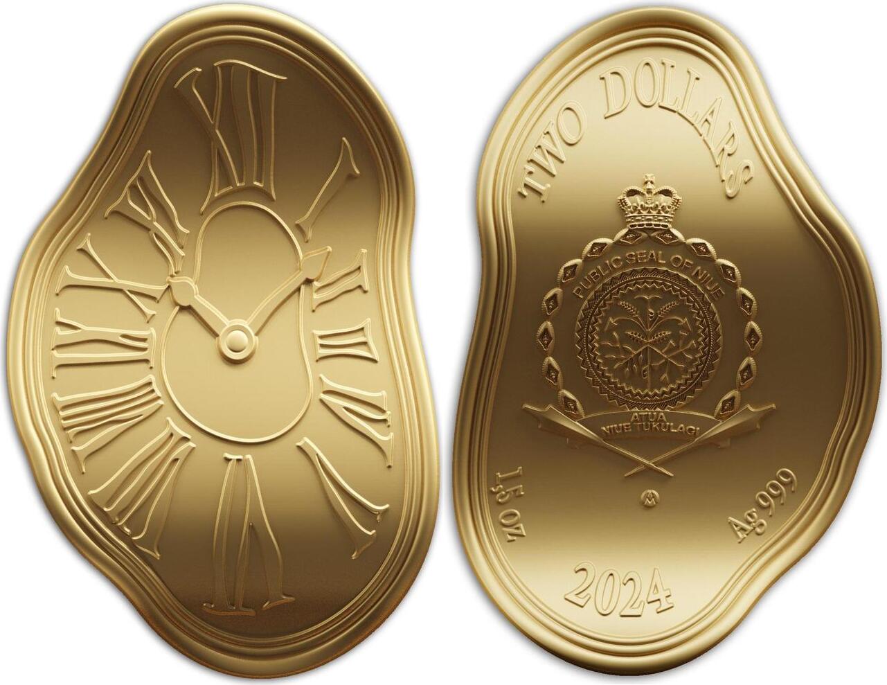 2 Dollars MELTING CLOCK Salvador Dali Gilded Silver Coin 2$ Niue 2024 ...