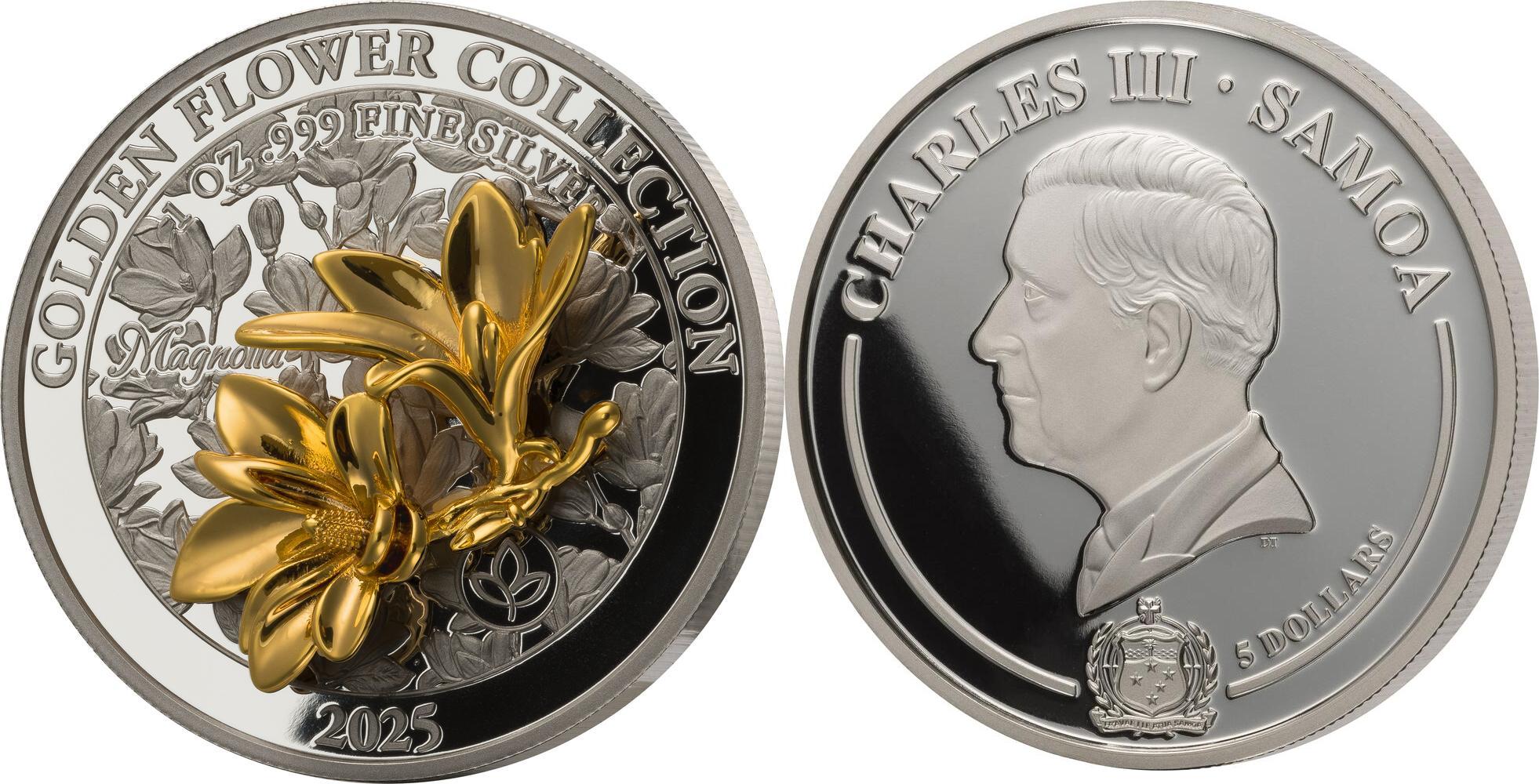 5 Dollars MAGNOLIA Golden Flower Collection 1 Oz Silver Coin 5$ Samoa 2025 Proof | MA-Shops