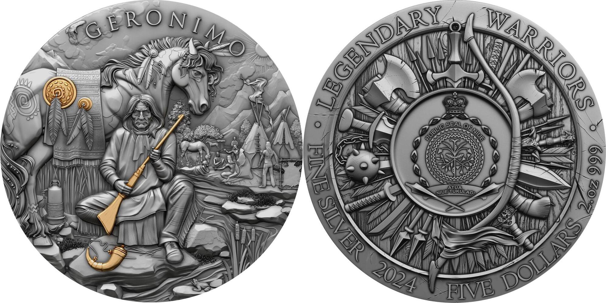 5 Dollars GERONIMO Legendary Warriors 2 Oz Silver Coin 5$ Niue 2024 ...