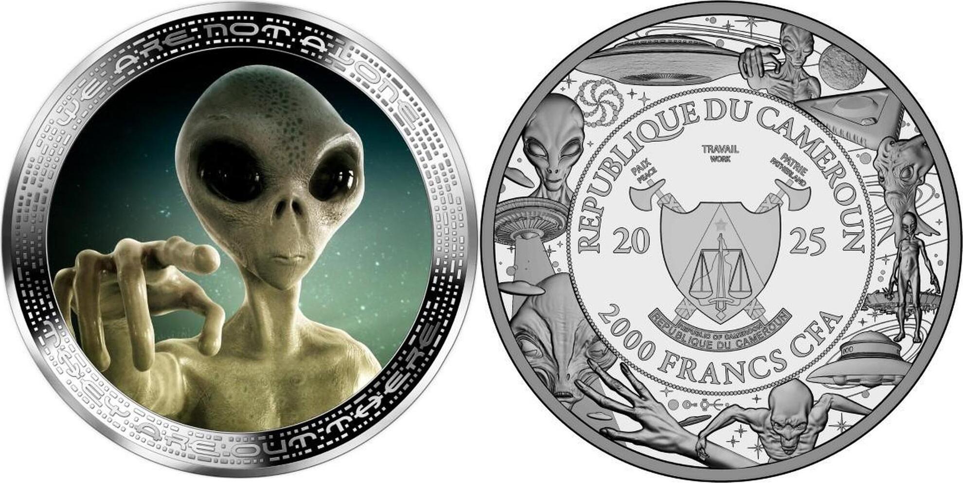 ALIEN FACE We are not Alone 2 Oz Silver Coin 2000 Francs Cameroon 2025 ...