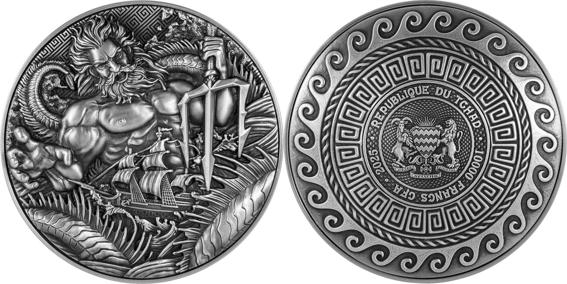 POSEIDON God of the Sea 2 Oz Silver Coin 10000 Francs Chad 2025 Antique ...