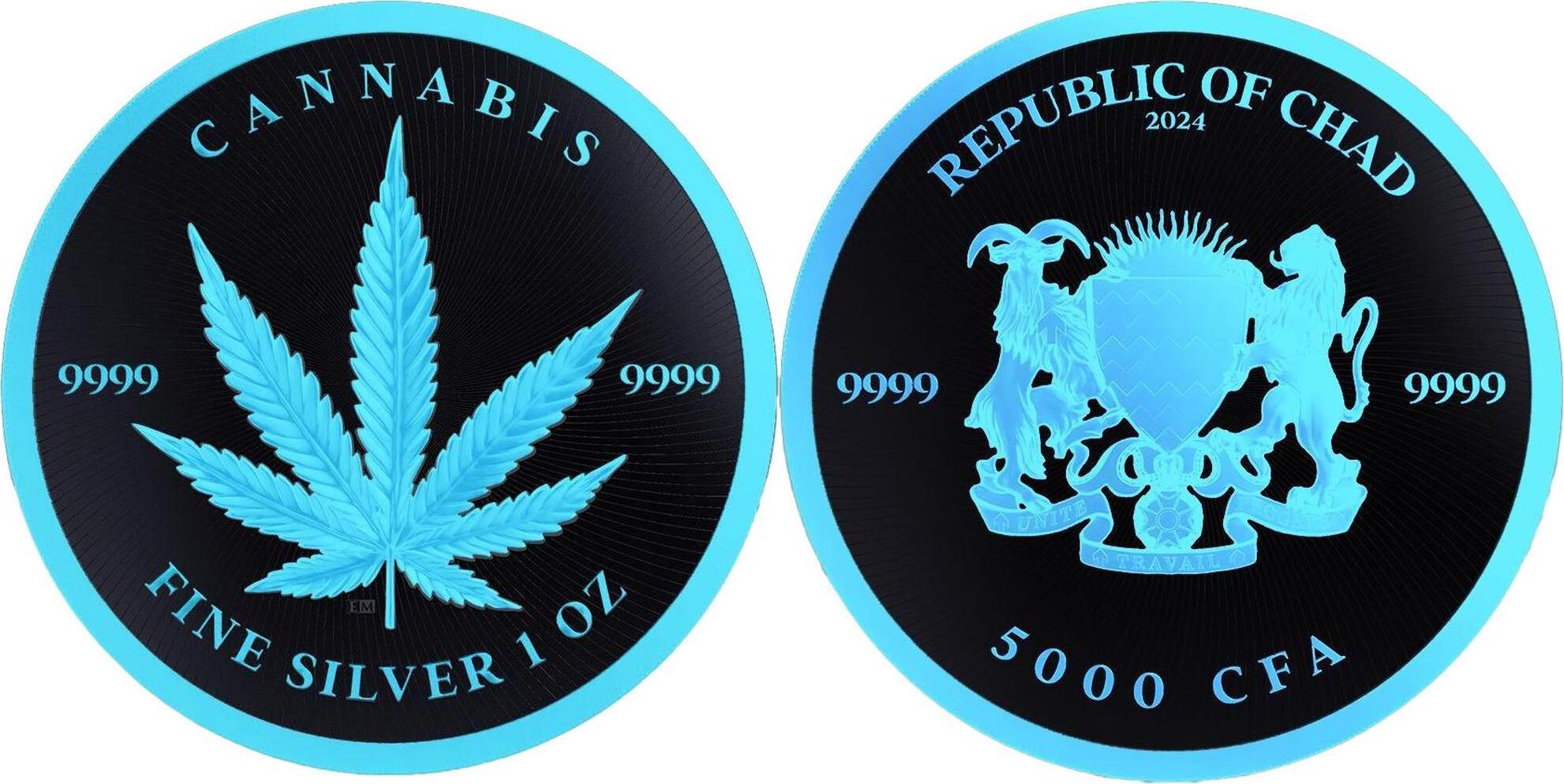 CANNABIS Cyber Turquoise 1 Oz Silver Coin 5000 Francs Chad 2024 BU ...