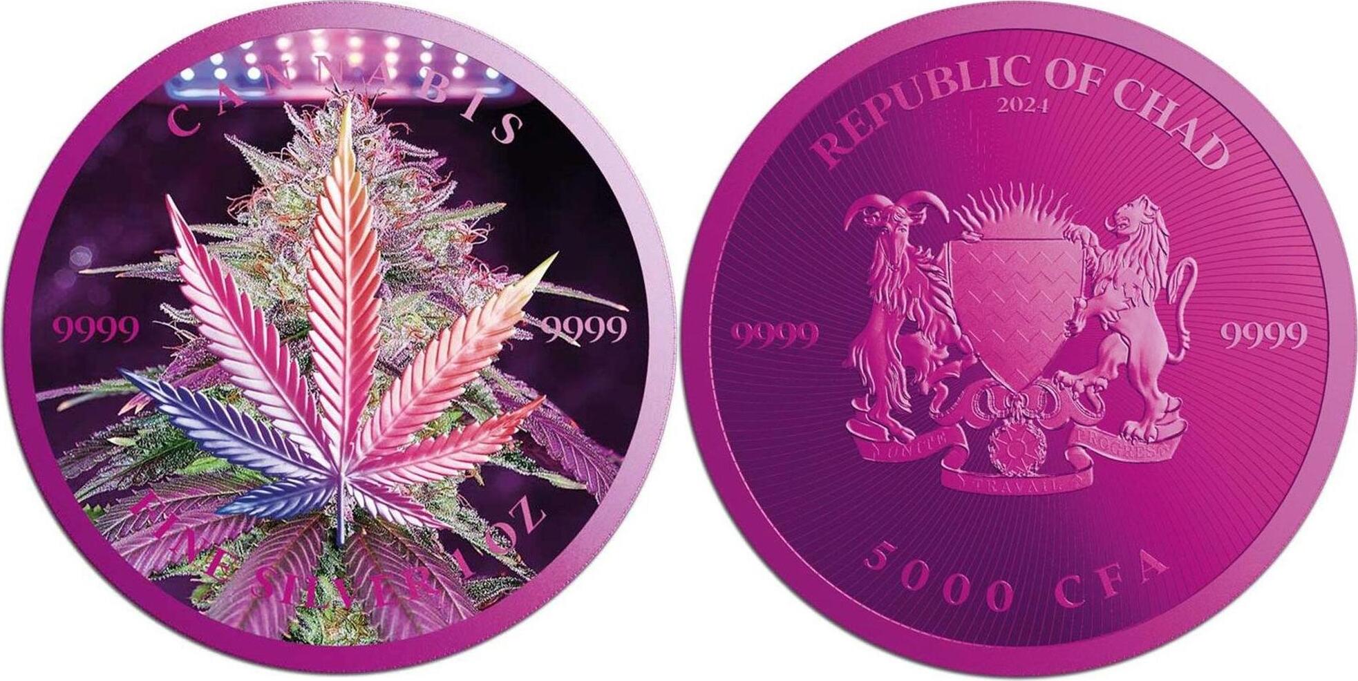 CANNABIS Cyber Purple Holographic 1 Oz Silver Coin 5000 Francs Chad ...