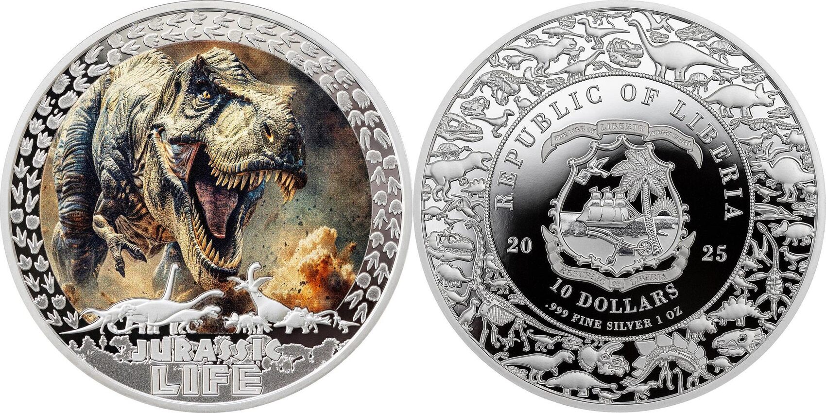 10 Dollars T-REX Jurassic Life 1 Oz Silver Coin 10$ Liberia 2025 Proof ...