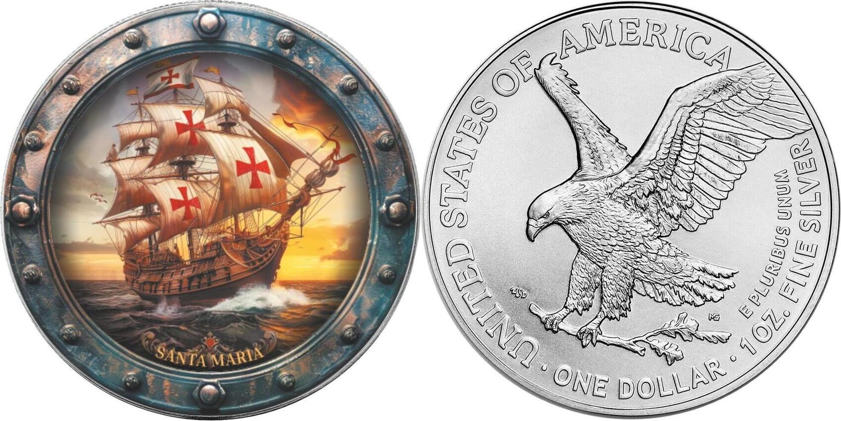 United States 1 Dollar SANTA MARIA Famous Ships 1 Oz Silver Coin 1$ USA ...