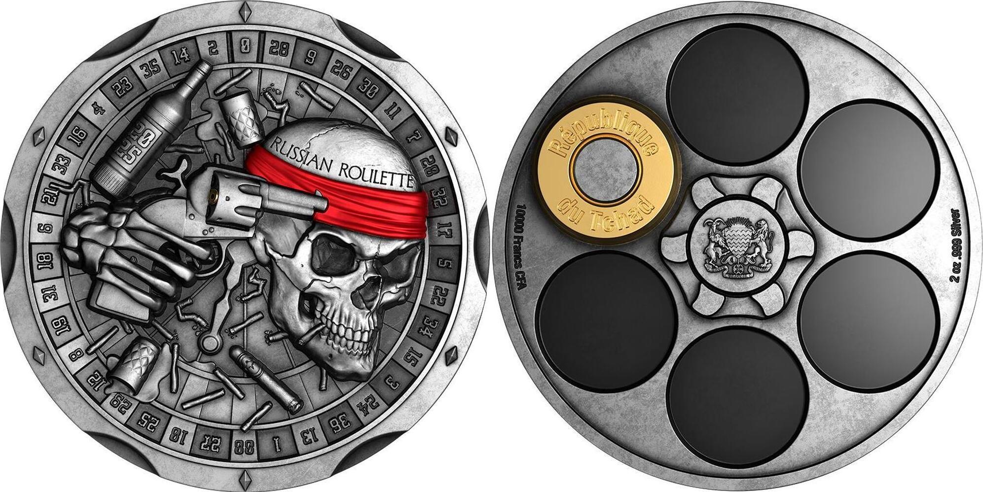 RUSSIAN ROULETTE 2 Oz Silver Coin 10000 Francs Chad 2025 Antique Finish ...