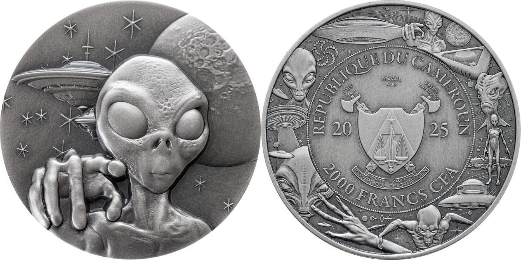 ALIEN FACE We are not Alone 2 Oz Silver Coin 2000 Francs Cameroon 2025 ...