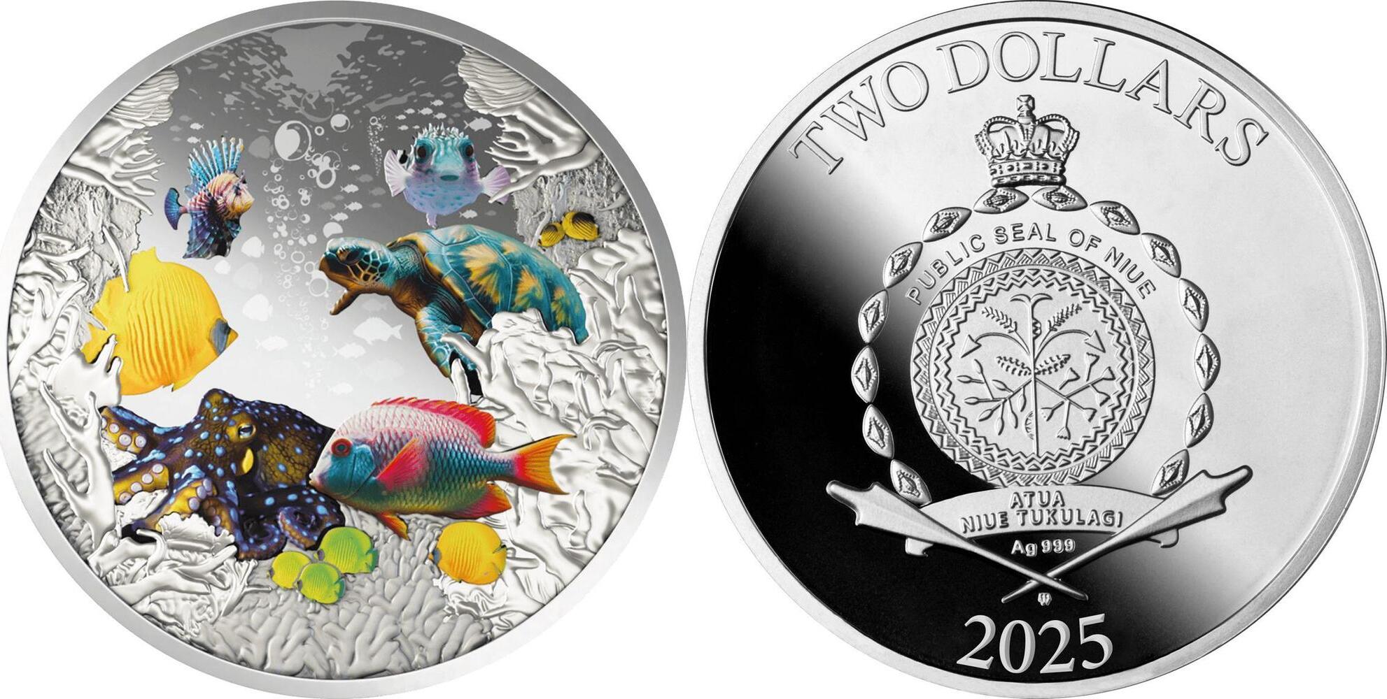 2 Dollars CORAL REEF 1 Oz Silver Coin 2$ Niue 2025 Proof | MA-Shops