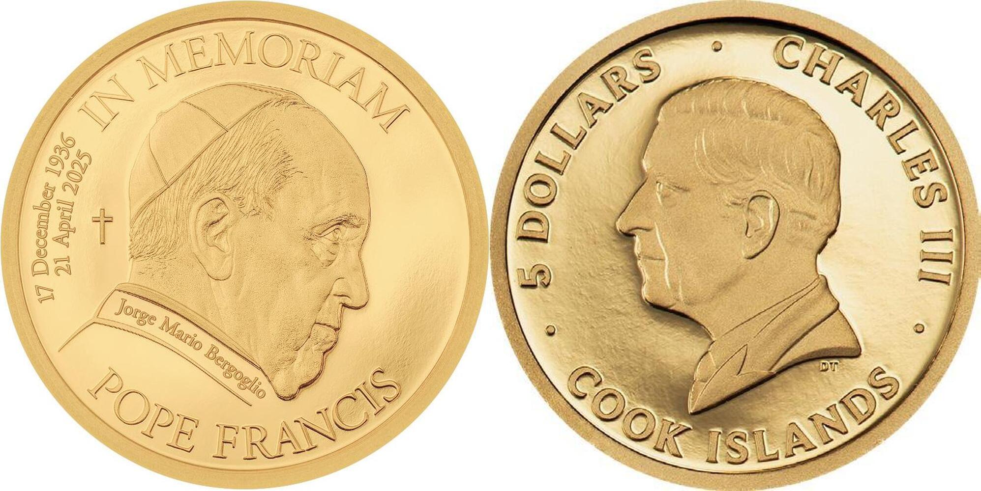 5 Dollars IN MEMORIAM POPE FRANCIS Gold Coin 5$ Cook Islands 2025 Proof ...