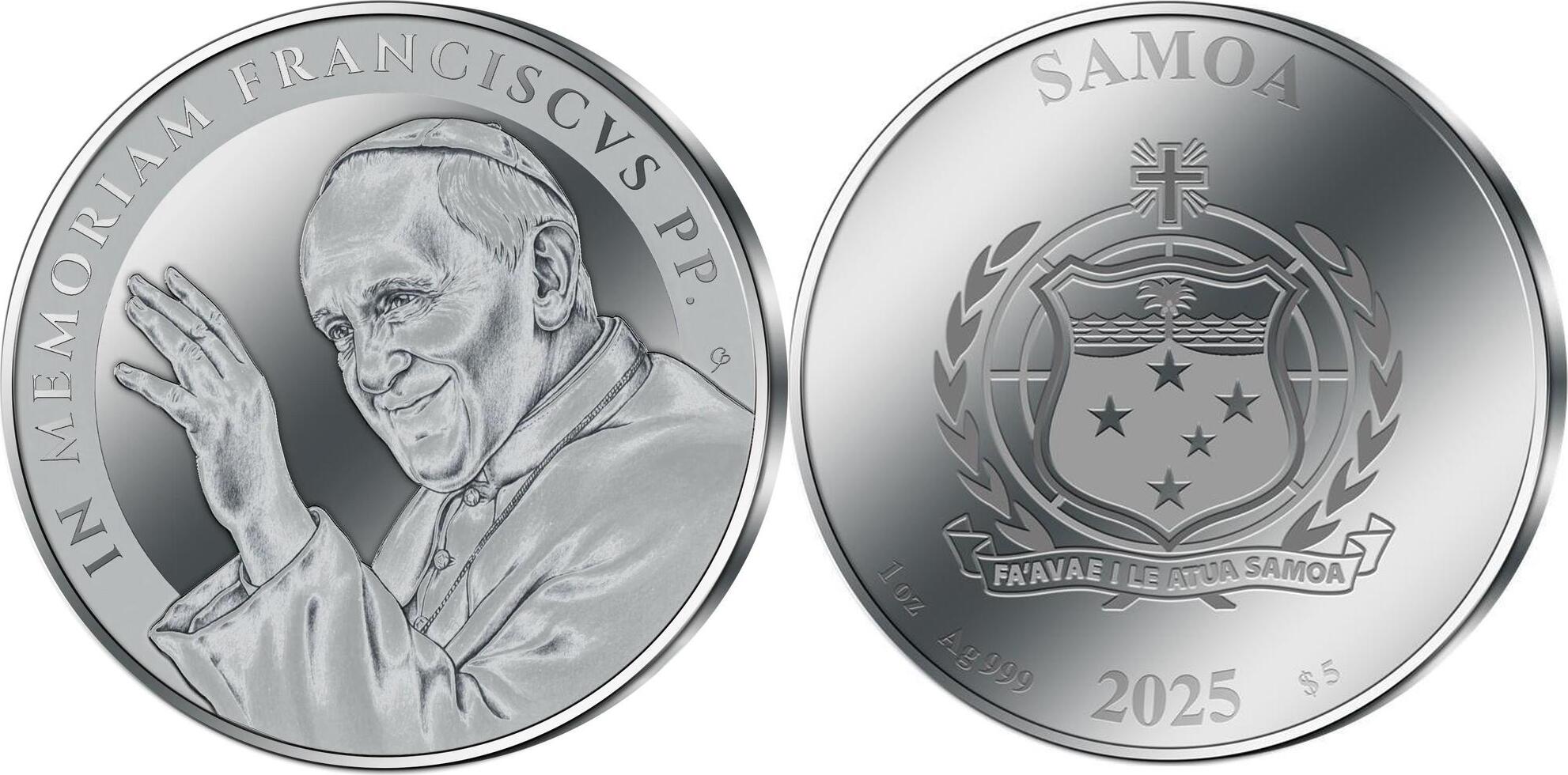 5 Dollars POPE FRANCIS 1 Oz Silver Coin 5$ Samoa 2025 Proof | MA-Shops