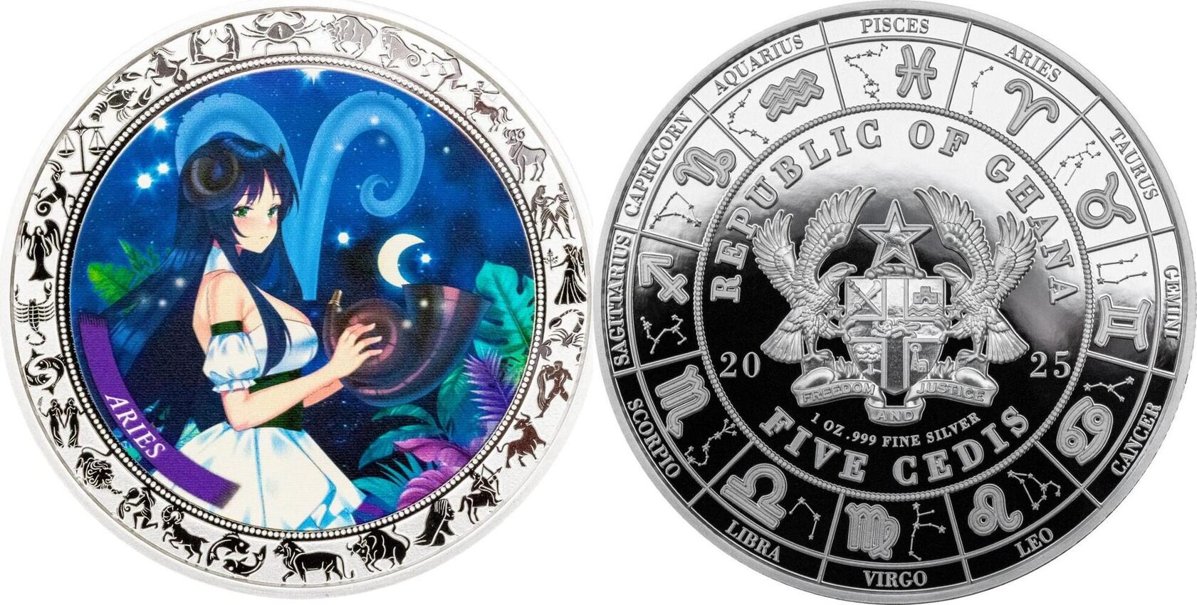 ARIES Anime Zodiac 1 Oz Silver Coin 5 Cedis Ghana 2025 Proof | MA-Shops