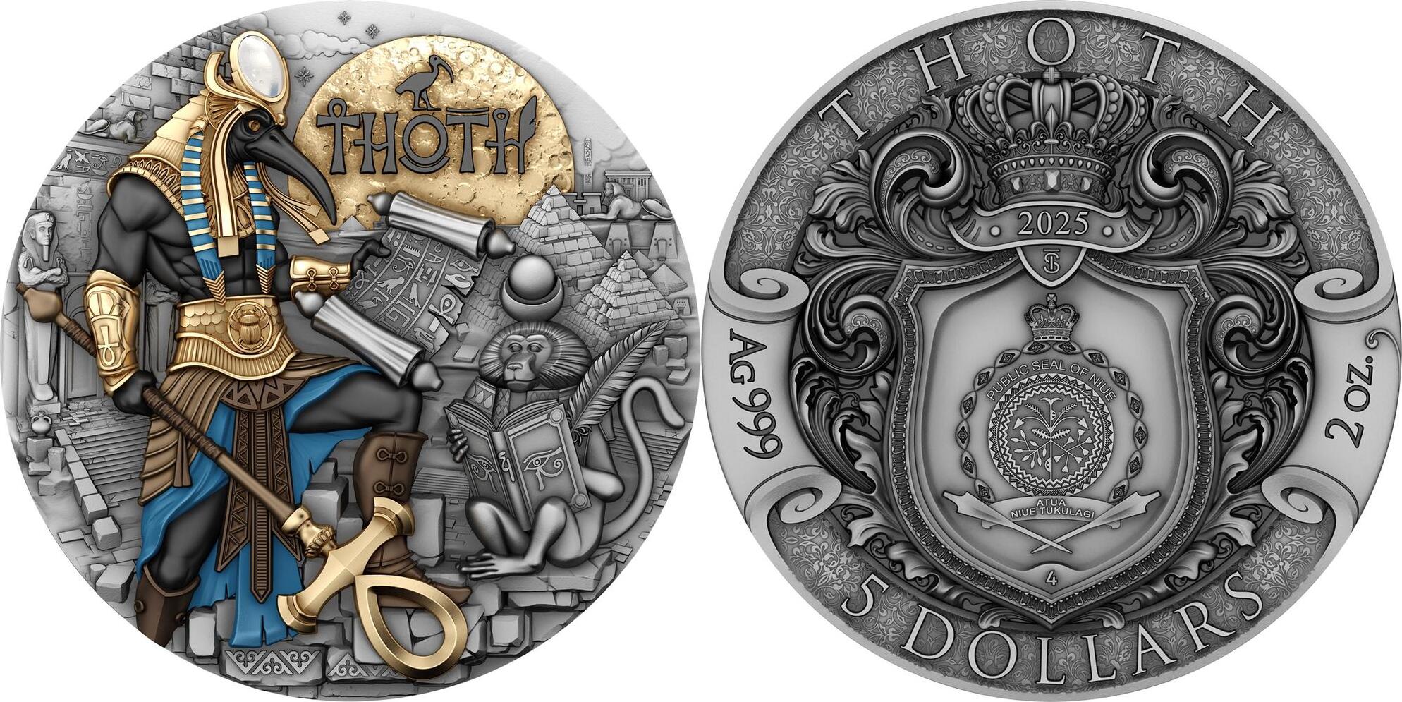 5 Dollars THOTH Echoes of Egypt 2 Oz Silver Coin 5$ Niue 2025 Antique ...