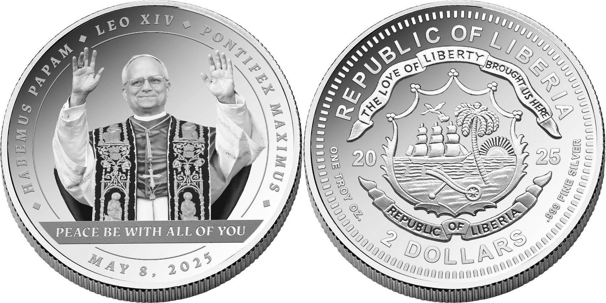2 Dollars POPE LEO XIV First American Pontifex 1 Oz Silver Coin 2$ Liberia 2025 Proof | MA-Shops