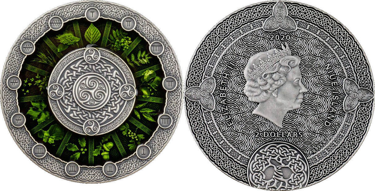 2 Dollars CELTIC CALENDAR 2 Oz Silver Coin 2$ Niue 2020 Antique Finish ...