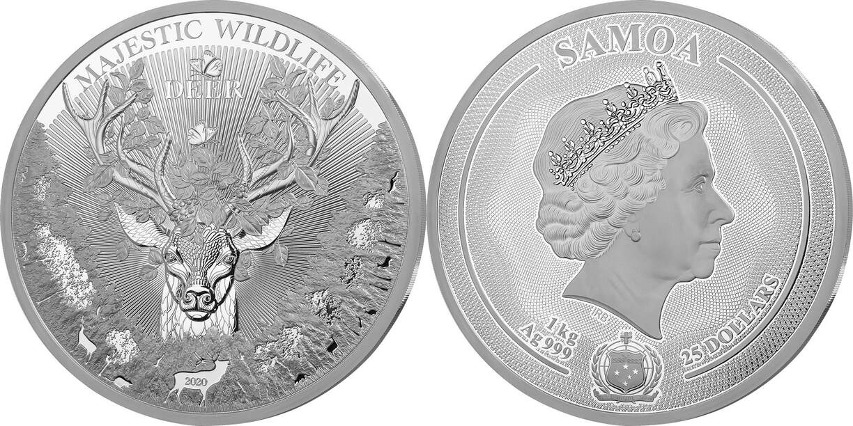 25 Dollars MAJESTIC WILDLIFE The Deer 1 Kg Kilo Silver Coin 25$ Samoa ...