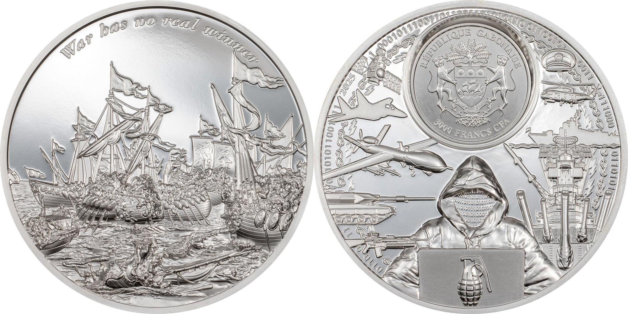 WAR HAS NO REAL WINNER Time Flies 5 Oz Silver Coin 3000 Francs Gabon ...