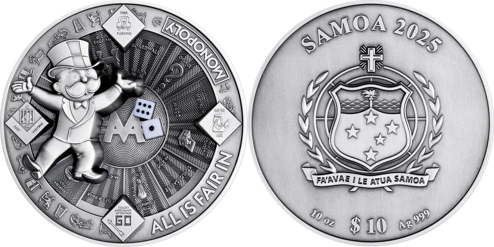 10 Dollars MONOPOLY 90th Anniversary 10 Oz Silver Coin 10$ Samoa 2025 ...
