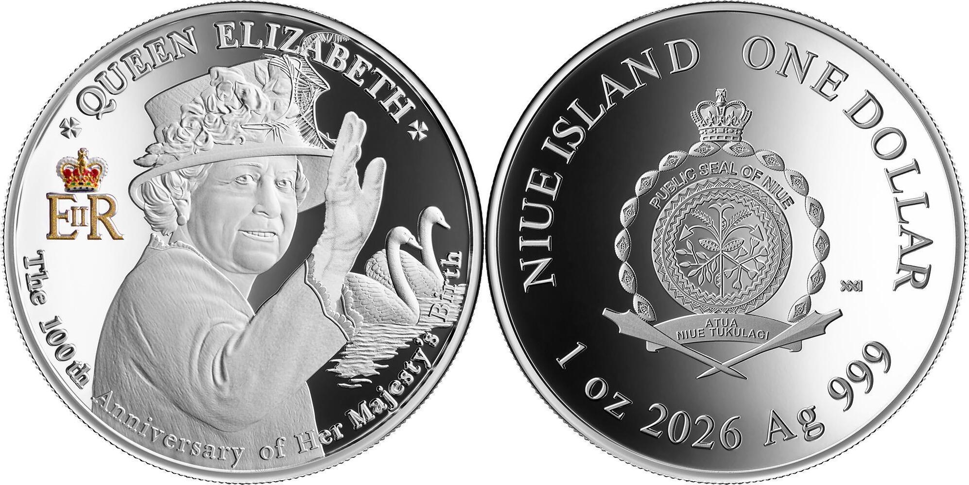 1 Dollar QUEEN ELIZABETH II 100th Anniversary 1 Oz Silver Coin 1$ Niue ...