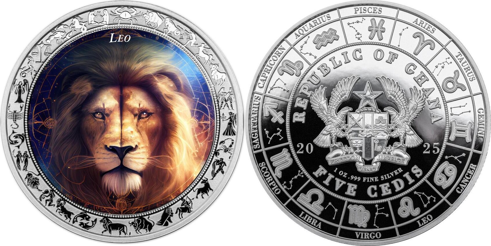 LEO Space Zodiac 1 Oz Silver Coin 5 Cedis Ghana 2025 Proof | MA-Shops