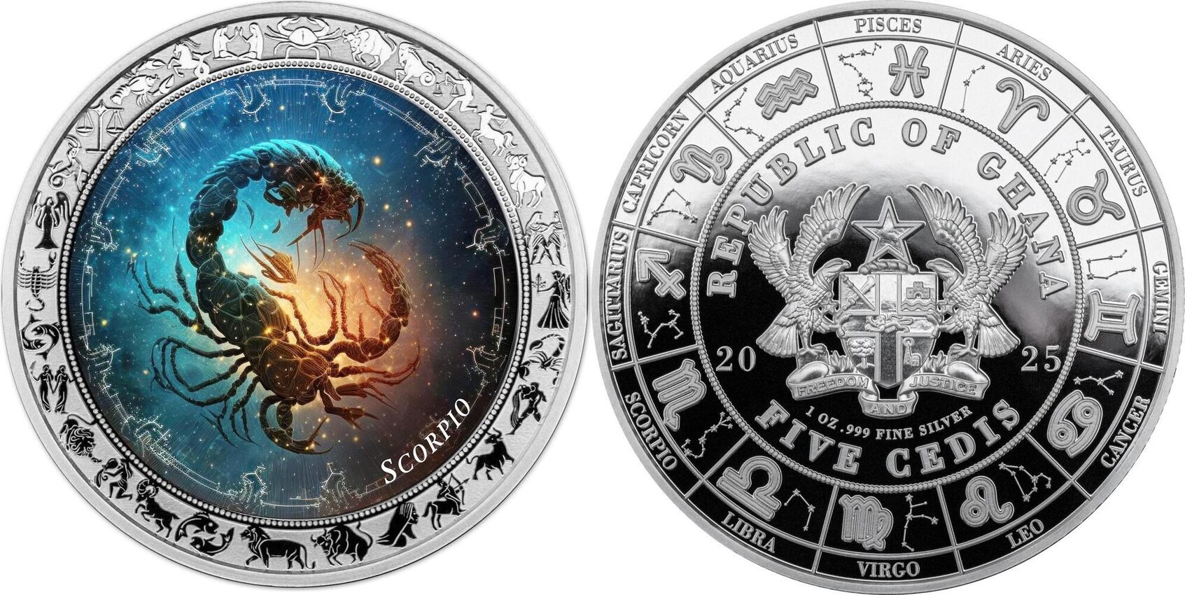 SCORPIO Space Zodiac 1 Oz Silver Coin 5 Cedis Ghana 2025 Proof | MA-Shops
