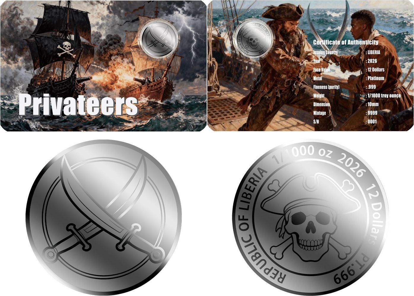 12 Dollars PRIVATEERS VS PIRATES 1/1000 Oz Platinum Coin 12$ Liberia ...