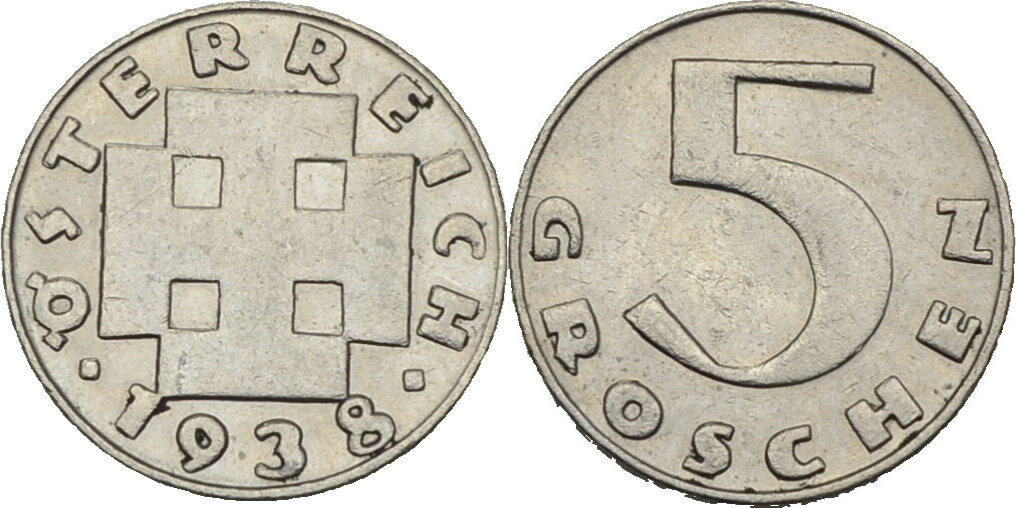 ÖSTERREICH 5 Groschen 1938 seltenster Jahrgang!! AU | MA-Shops