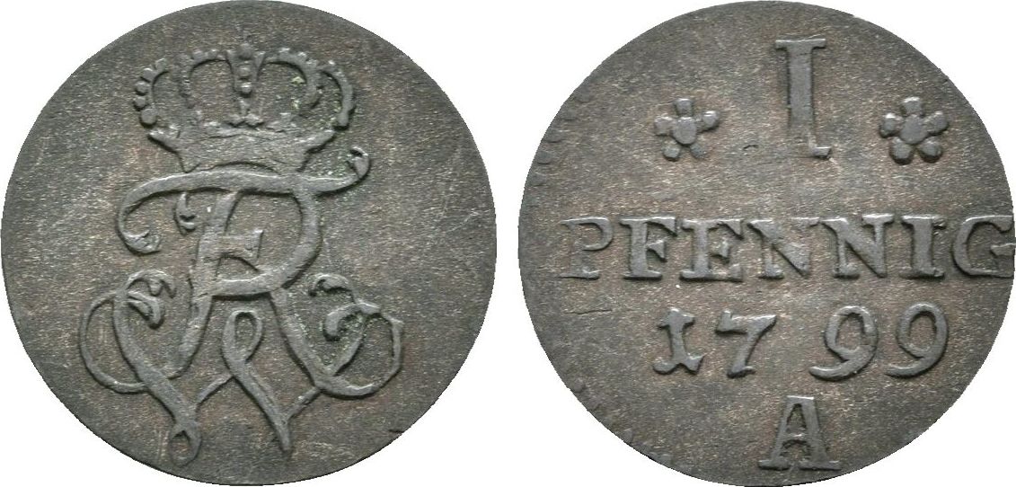 Preussen: 1 Pfennig Berlin 1799 A Friedrich Wilhelm III, 1797-1840: VF ...