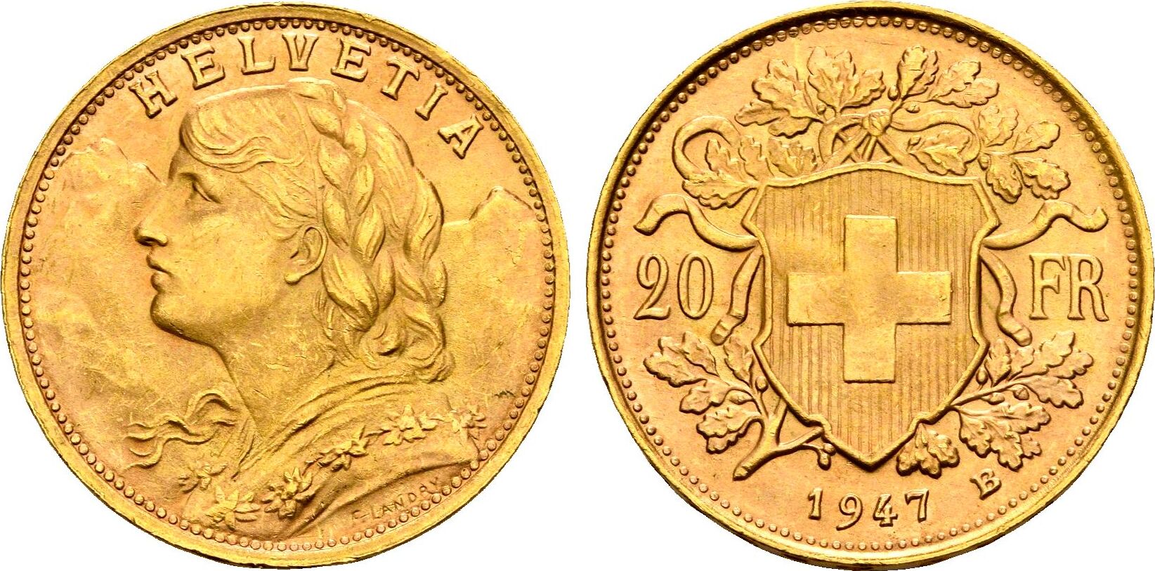 Schweiz: 20 Franken, Vrenli, GOLD 1947 B UNC | MA-Shops