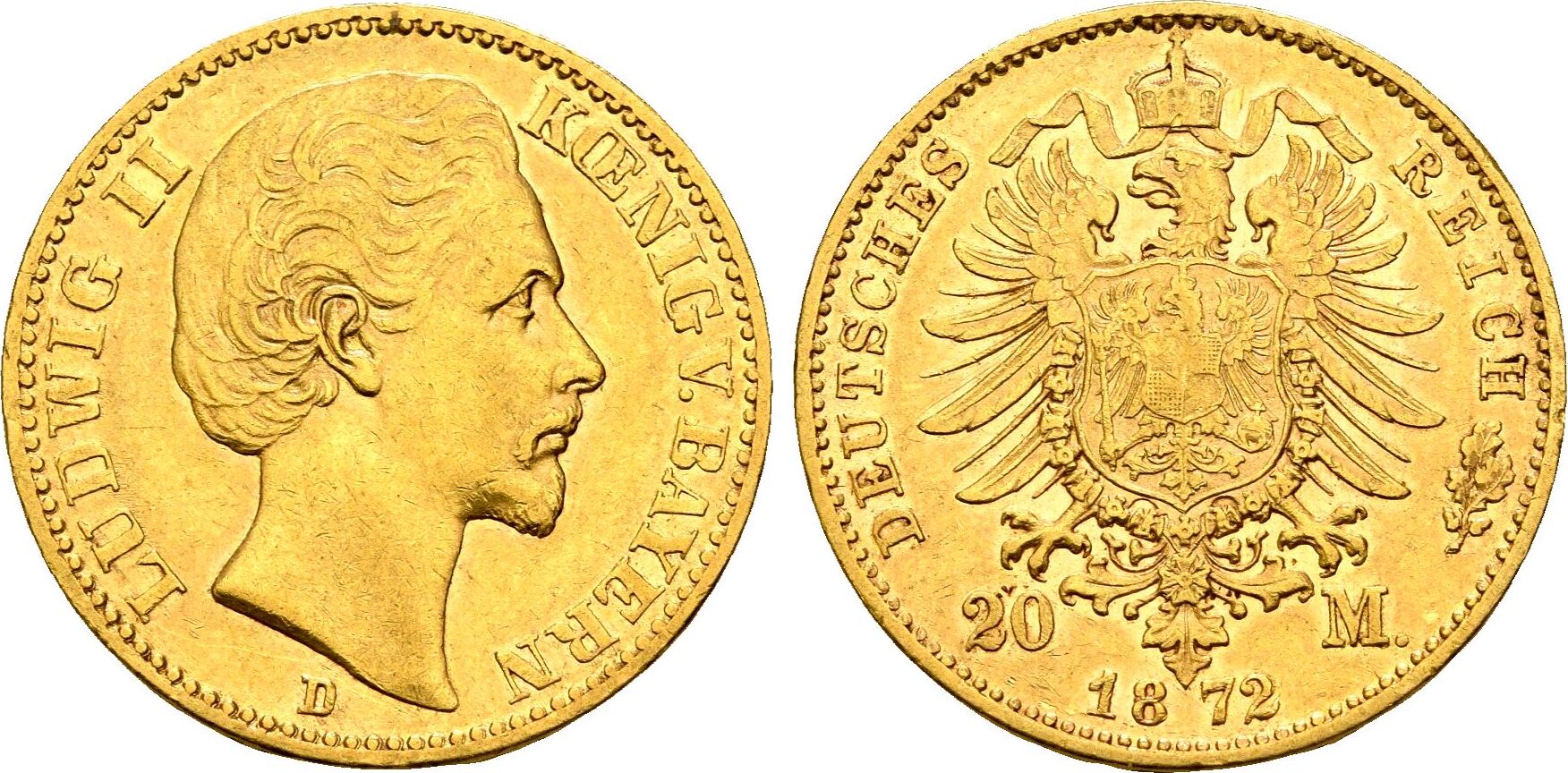 Kaiserreich: Bayern: 20 Mark GOLD 1872 D Ludwig II, 1864-1886: VF-EF ...