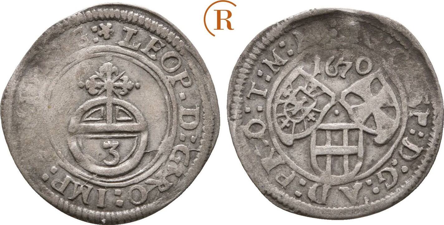 Deutscher Orden: 3 Kreuzer 1670 Johann Caspar von Ampringen, 1664-1684: VF leicht gewellt ...