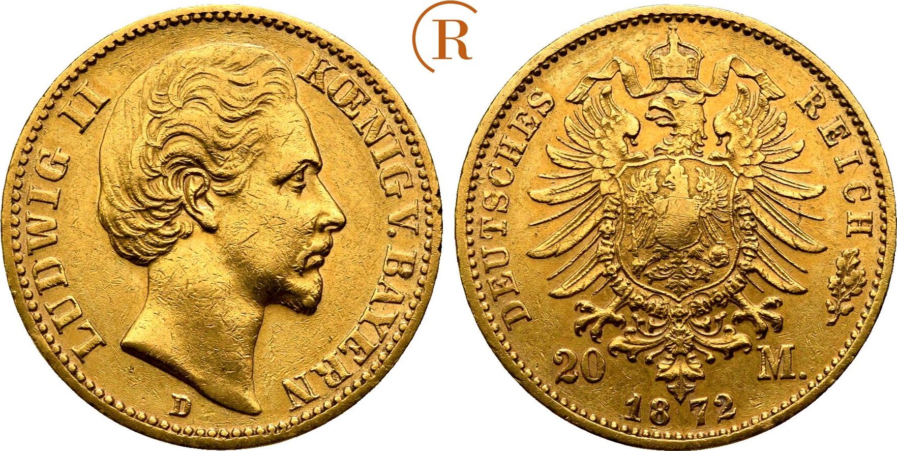 Kaiserreich: Bayern: 20 Mark GOLD 1872 D Ludwig II, 1864-1886: VF ...