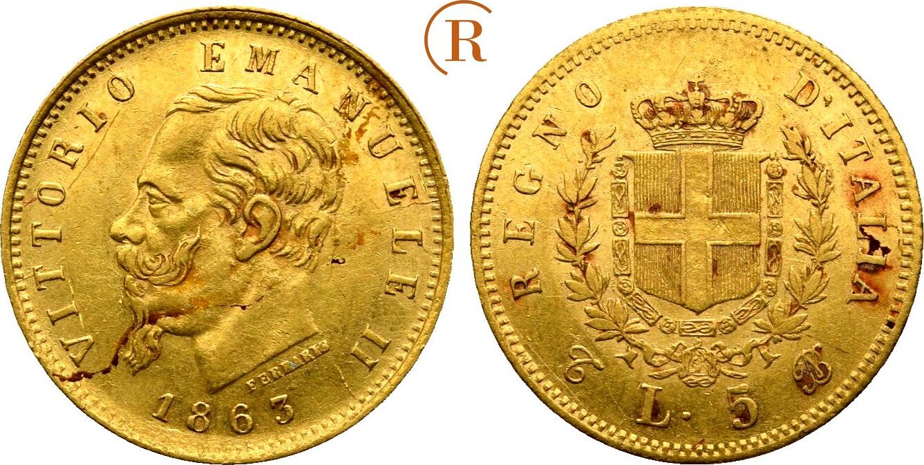 Italien: 5 Lire Turin 1863 Victor Emanuel, 1861-1878: VF | MA-Shops