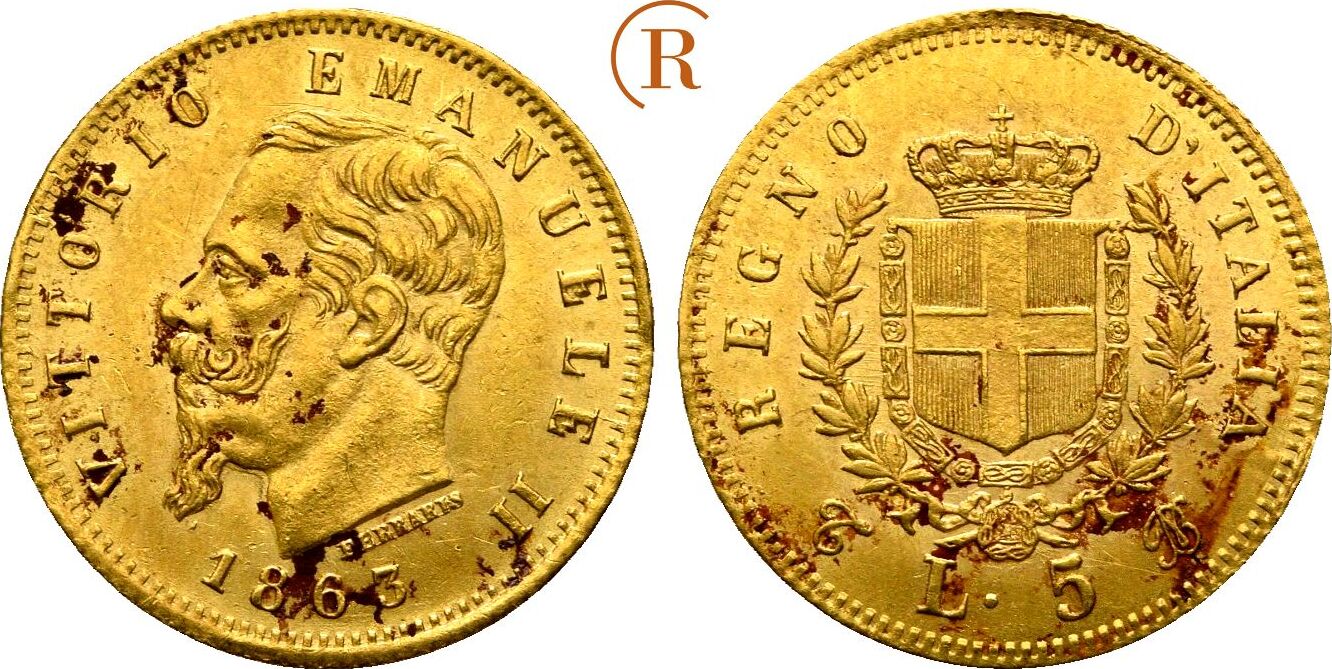 Italien: 5 Lire Turin 1863 Victor Emanuel, 1861-1878: VF-EF fleckig ...