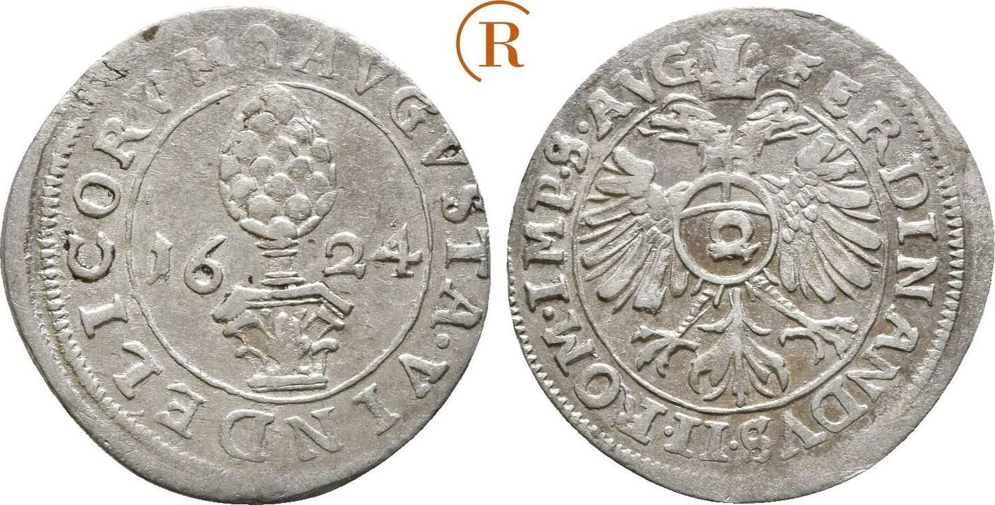 Augsburg Stadt: 1/2 Batzen ( 2 Kreuzer ) mit Titel Ferdinands II. 1624 ...