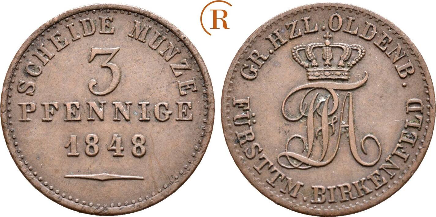 Oldenburg Birkenfeld: 3 Pfennig 1848 Paul Friedrich August, 1829-1853: VF-EF hübsche Erhaltung ...