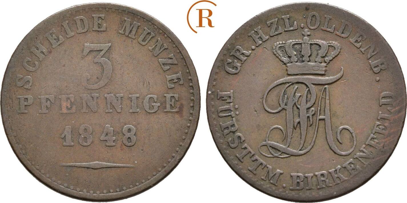 Oldenburg Birkenfeld: 3 Pfennig 1848 Paul Friedrich August, 1829-1853: VF- | MA-Shops