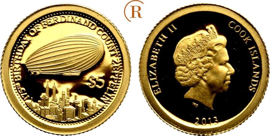 Cook Islands: 5 Dollar 0,5 Gramm Gold Zeppelin 2013 Proof | MA-Shops