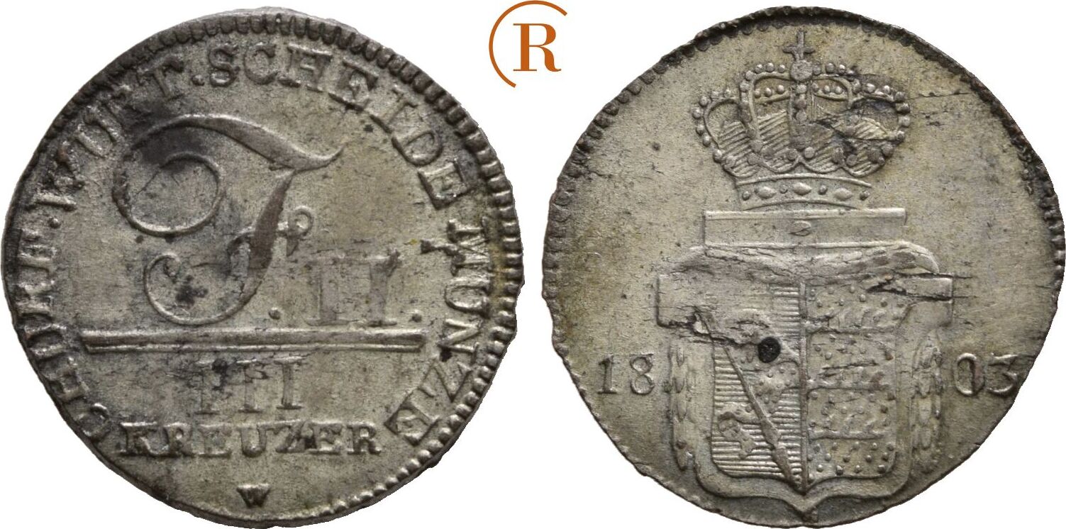 Württemberg: 3 Kreuzer 1803 W Friedrich II, 1797-1805: EF seltene Erhaltung !! | MA-Shops