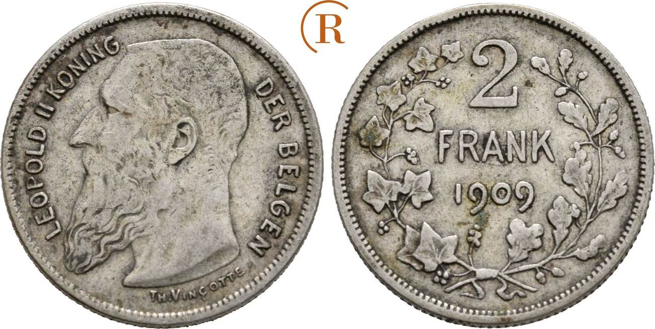 Belgien: 2 Frank 1909 Leopold II, 1865-1909: VF | MA-Shops