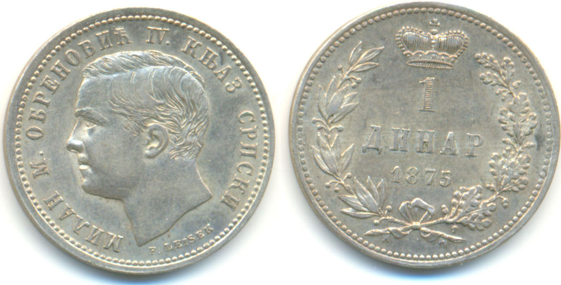 Serbien: 1 Dinar 1875 Milan IV. Obrenowitsch, 1868-1882-1889 VF-EF | MA ...